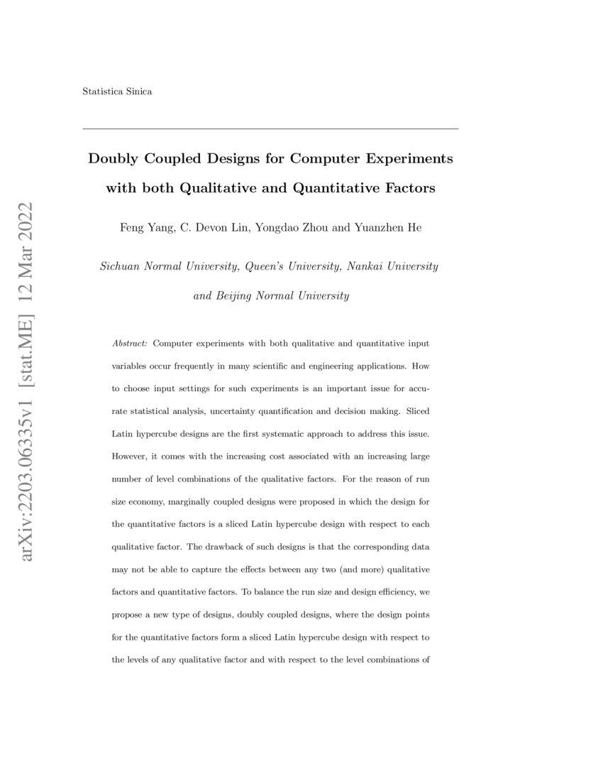 Doubly Coupled Designs for Computer Experiments with both Qualitative and Quantitative Factors ...