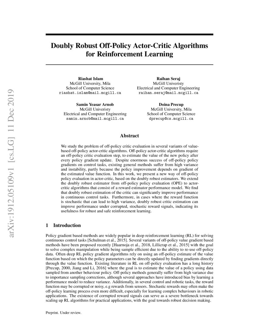 Doubly Robust Off-Policy Actor-Critic Algorithms for Reinforcement Learning | DeepAI