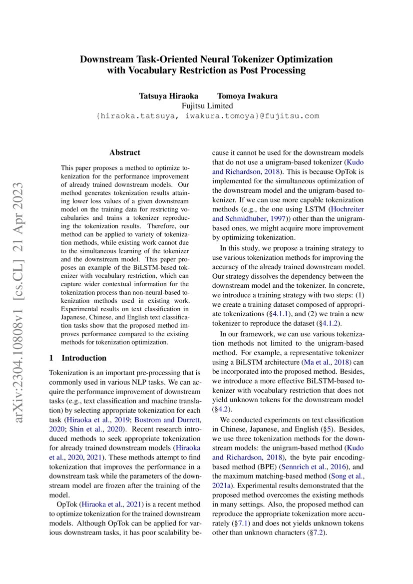 Downstream Task-Oriented Neural Tokenizer Optimization with Vocabulary Restriction as Post ...