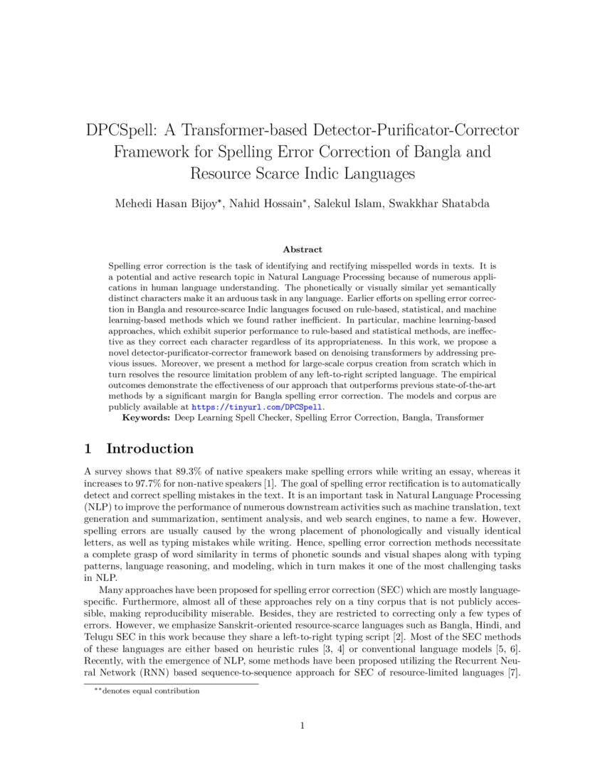 Dpcspell A Transformer Based Detector Purificator Corrector Framework For Spelling Error