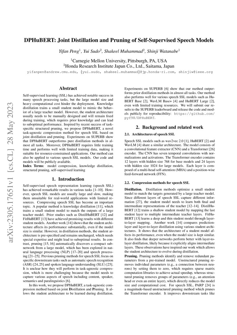 DPHuBERT: Joint Distillation and Pruning of Self-Supervised Speech Models | DeepAI