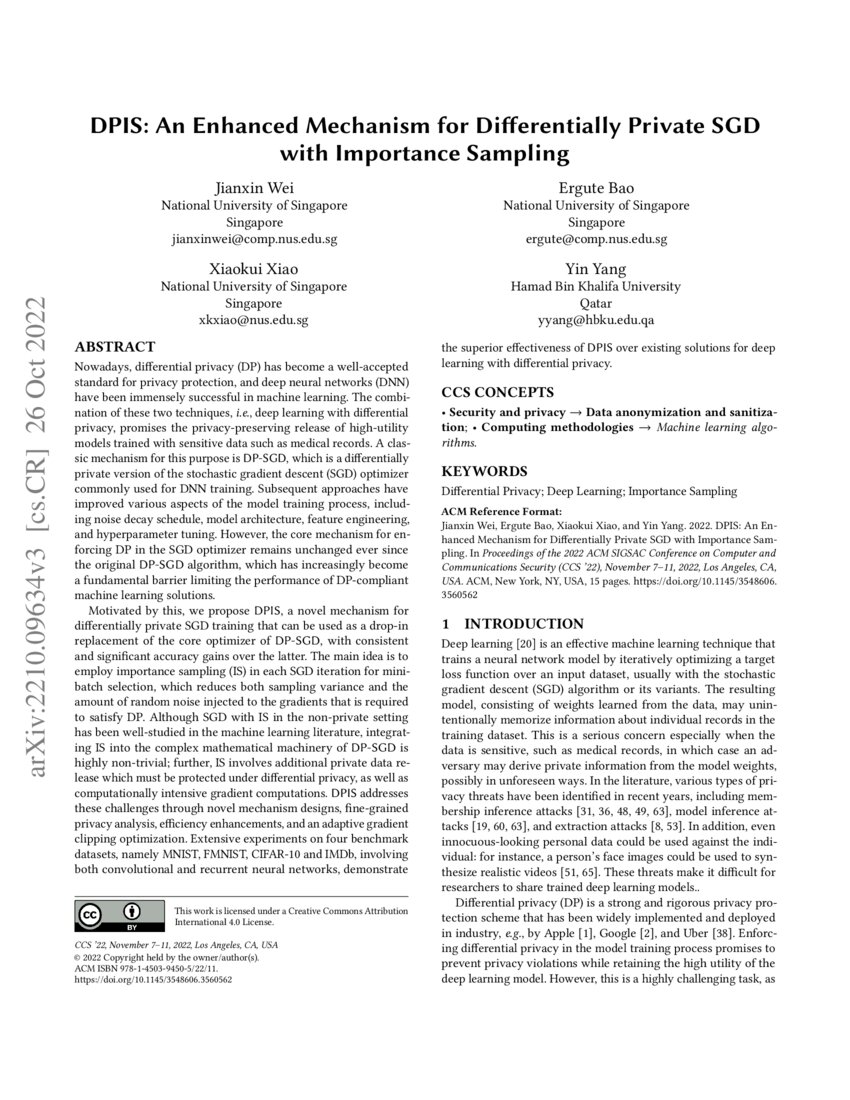 DPIS: An Enhanced Mechanism for Differentially Private SGD with Importance Sampling | DeepAI