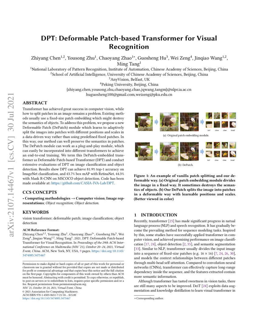 DPT: Deformable Patch-based Transformer for Visual Recognition | DeepAI
