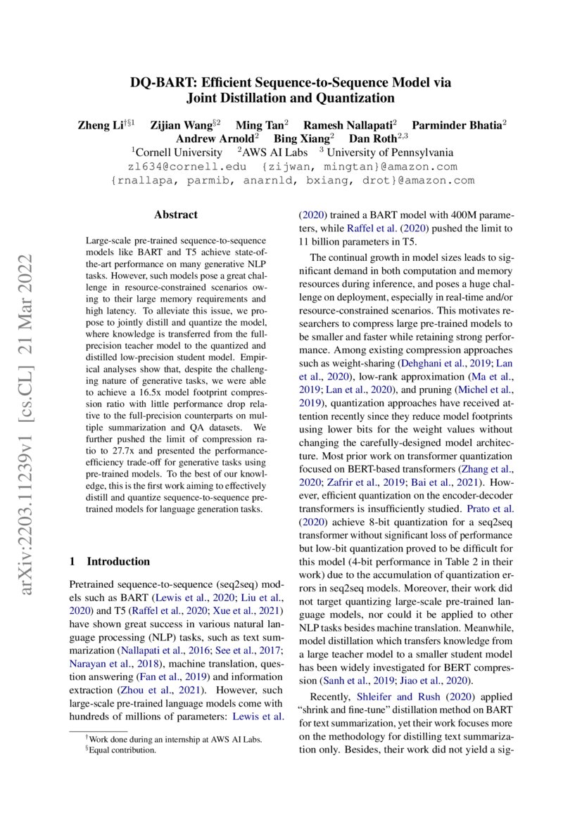 Dq Bart Efficient Sequence To Sequence Model Via Joint Distillation And Quantization Deepai 4362