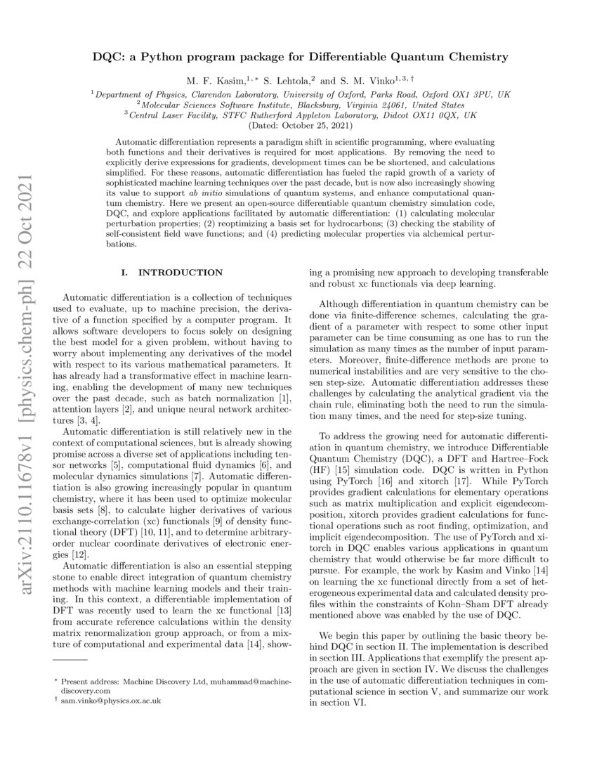 DQC: a Python program package for Differentiable Quantum Chemistry | DeepAI