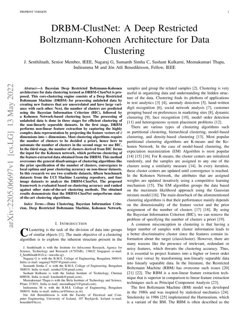 DRBM-ClustNet: A Deep Restricted Boltzmann-Kohonen Architecture for Data Clustering | DeepAI