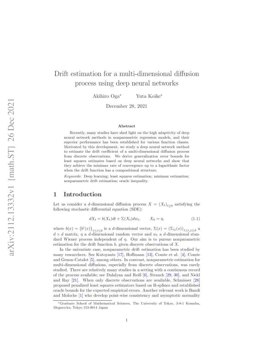 Drift Estimation For A Multi Dimensional Diffusion Process Using Deep Neural Networks Deepai