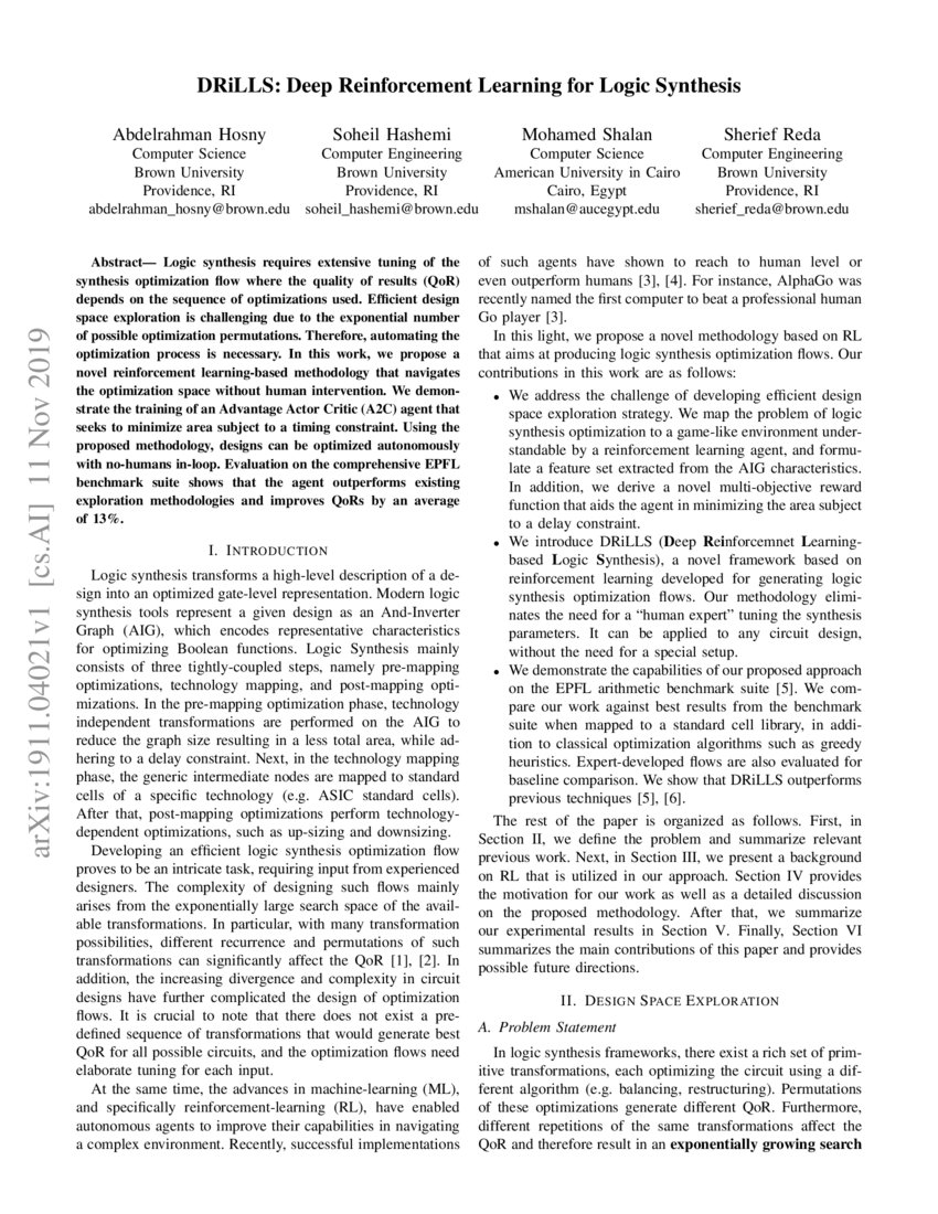 DRiLLS: Deep Reinforcement Learning for Logic Synthesis | DeepAI