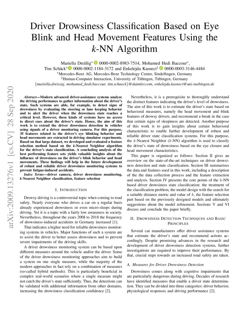 Driver Drowsiness Classification Based On Eye Blink And Head Movement Features Using The K Nn