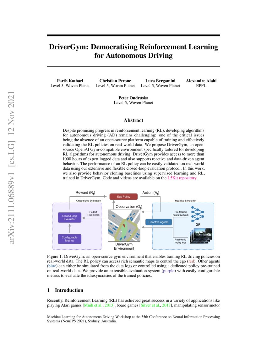 DriverGym: Democratising Reinforcement Learning for Autonomous Driving ...