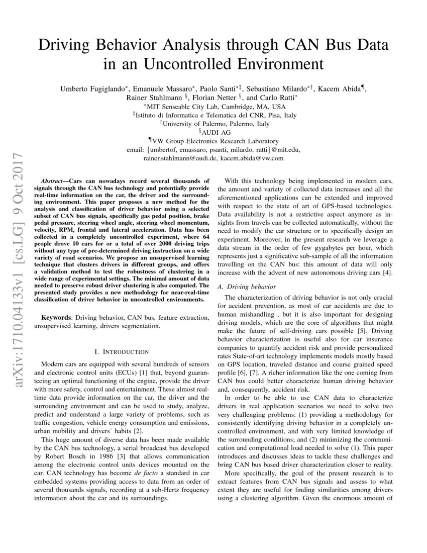 Driving Behavior Analysis Through Can Bus Data In An Uncontrolled Environment Deepai