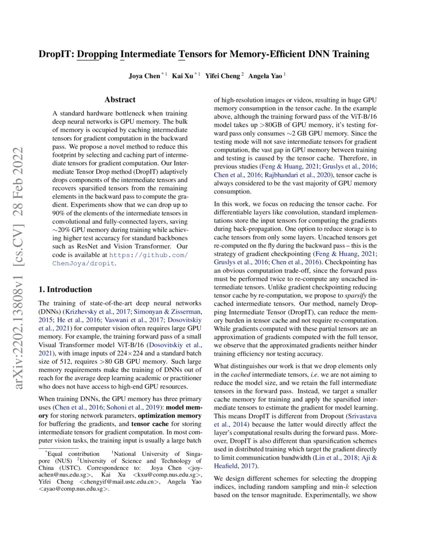 DropIT: Dropping Intermediate Tensors for Memory-Efficient DNN Training | DeepAI