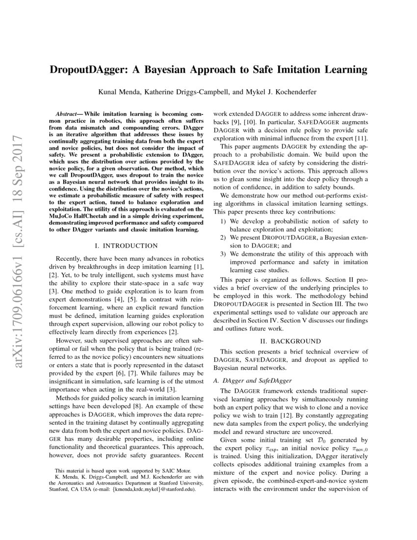 DropoutDAgger: A Bayesian Approach to Safe Imitation Learning | DeepAI