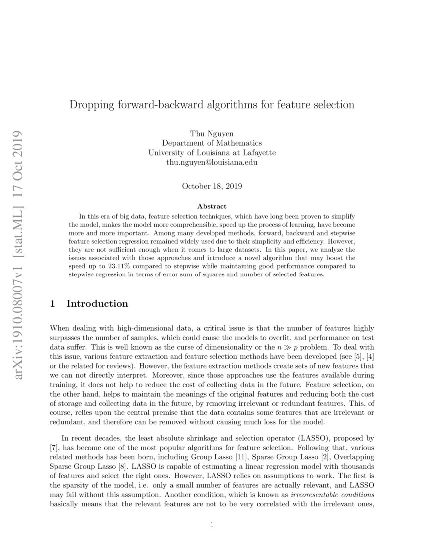 Dropping forward-backward algorithms for feature selection | DeepAI Dropping forward-backward algorithms for feature selection | DeepAI