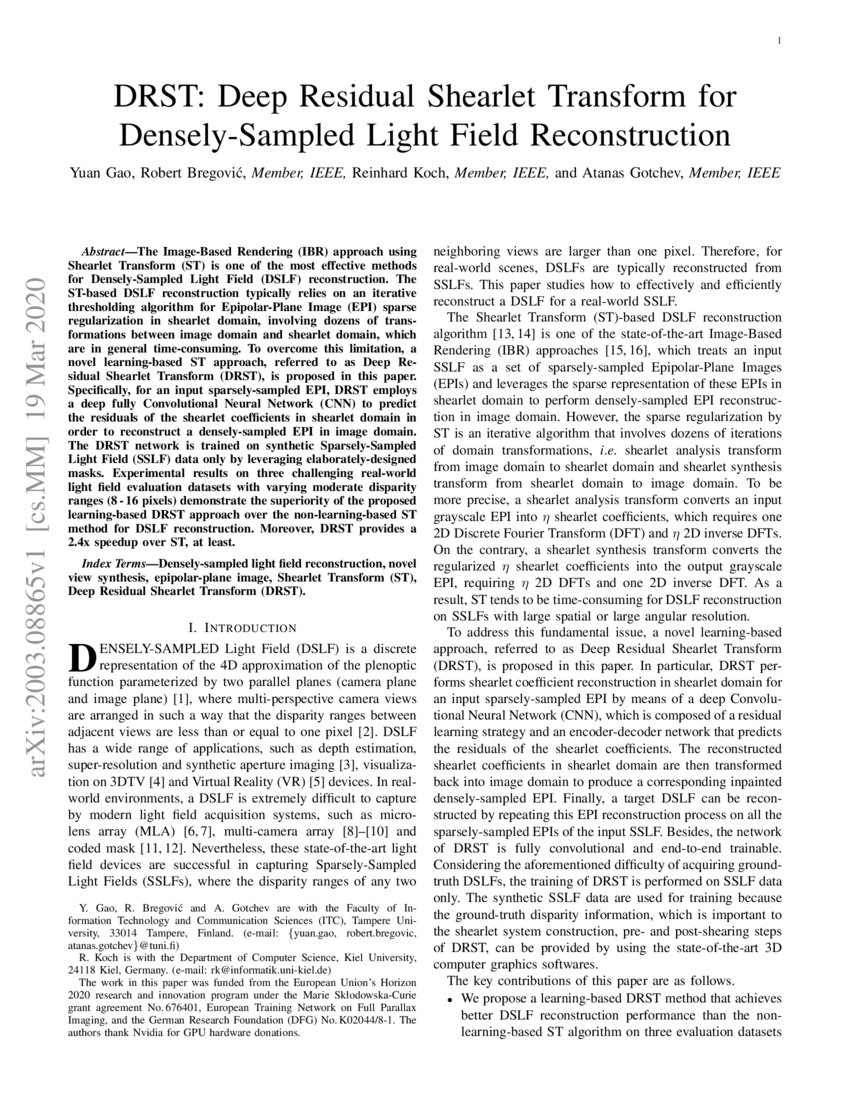 DRST: Deep Residual Shearlet Transform for Densely Sampled Light Field Reconstruction | DeepAI