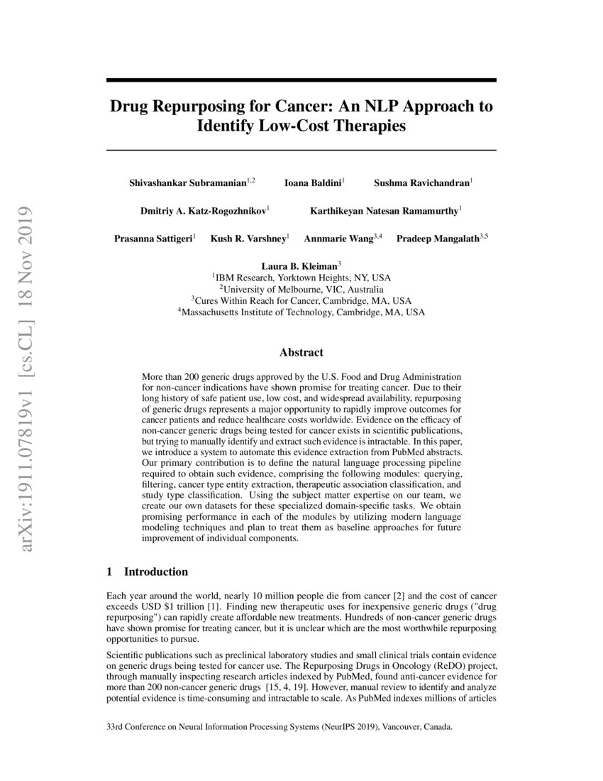 Drug Repurposing for Cancer: An NLP Approach to Identify Low-Cost ...