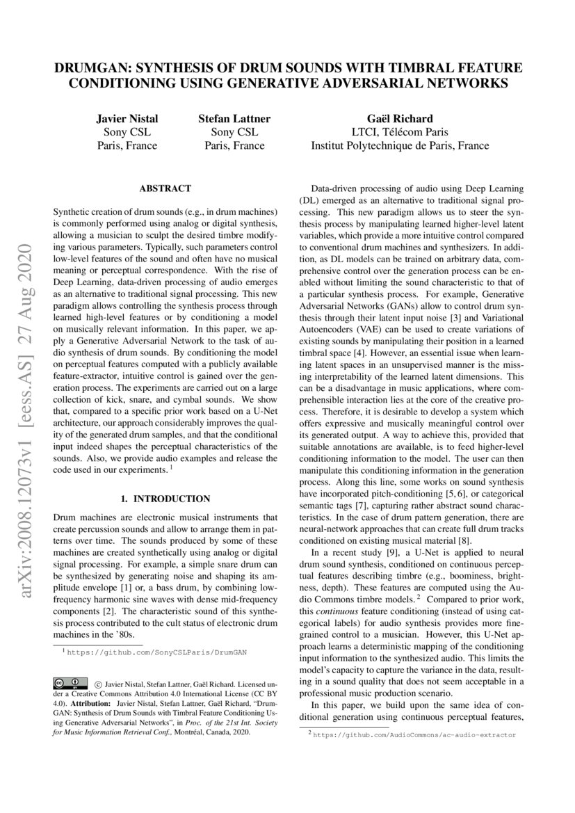 DrumGAN: Synthesis of Drum Sounds With Timbral Feature Conditioning Using Generative Adversarial ...