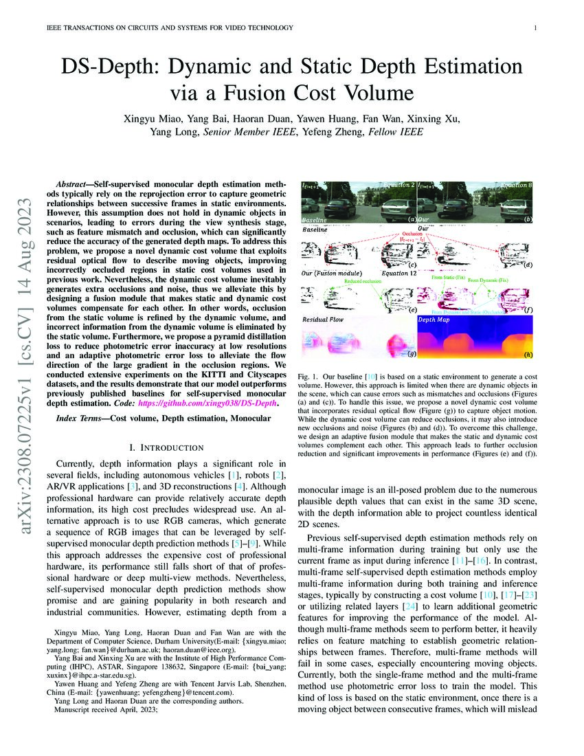 DS-Depth: Dynamic and Static Depth Estimation via a Fusion Cost Volume | DeepAI