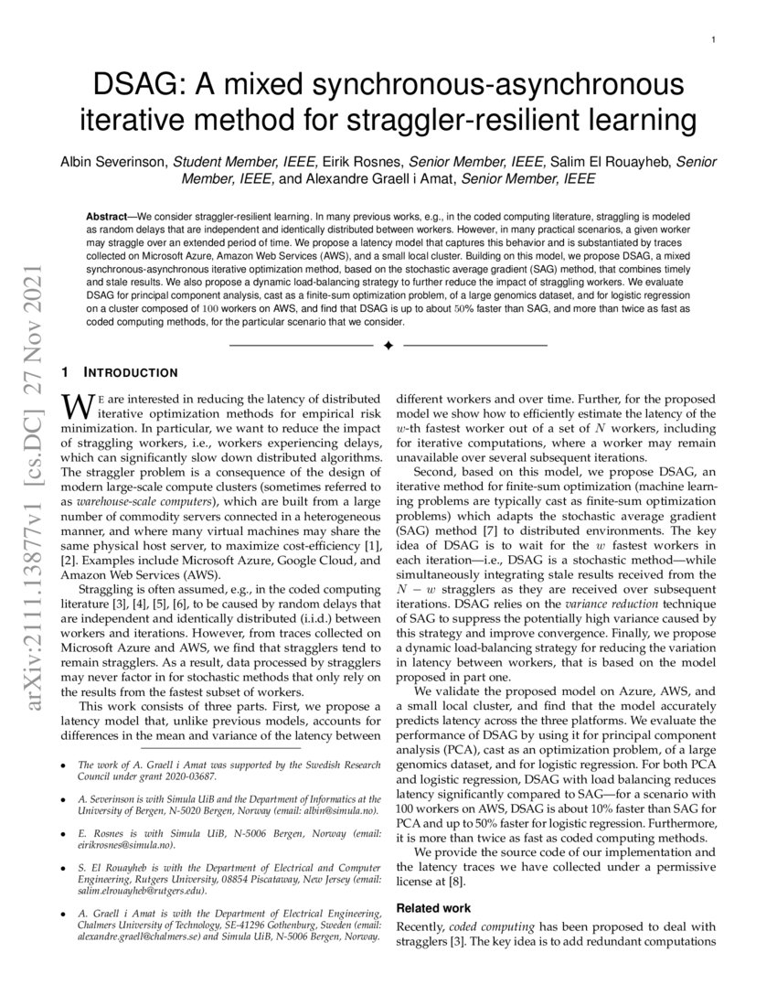 Dsag A Mixed Synchronous Asynchronous Iterative Method For Straggler Resilient Learning Deepai