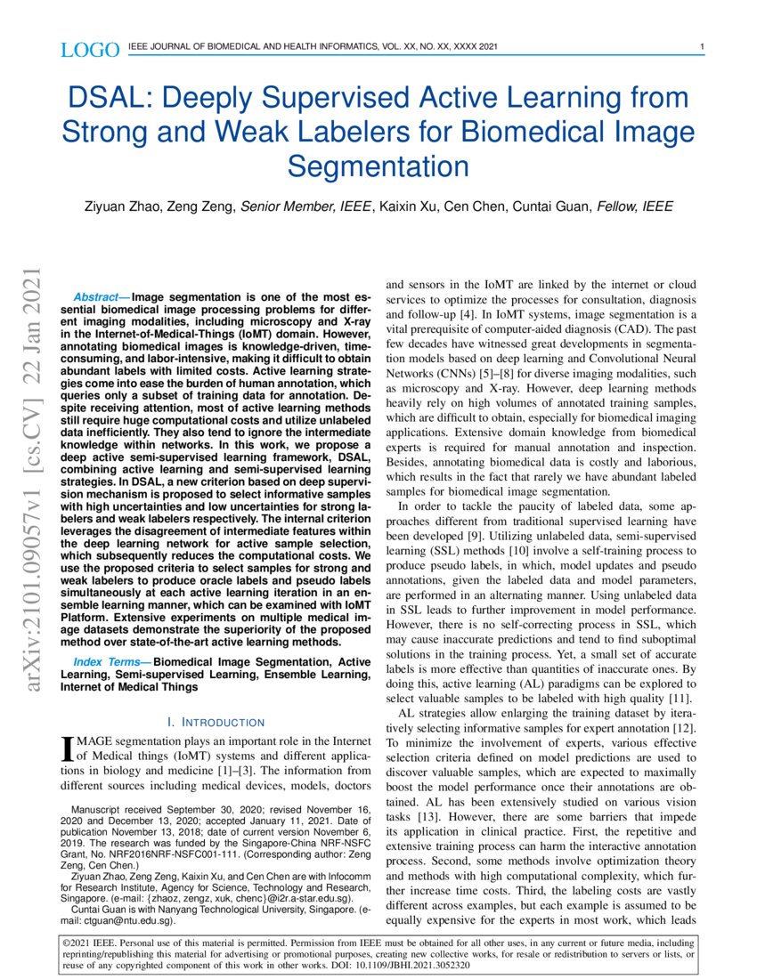 DSAL: Deeply Supervised Active Learning from Strong and Weak Labelers for Biomedical Image ...