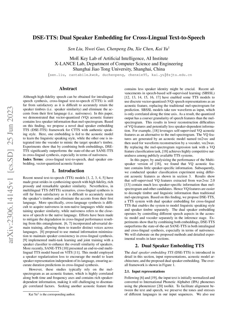 Dse Tts Dual Speaker Embedding For Cross Lingual Text To Speech Deepai