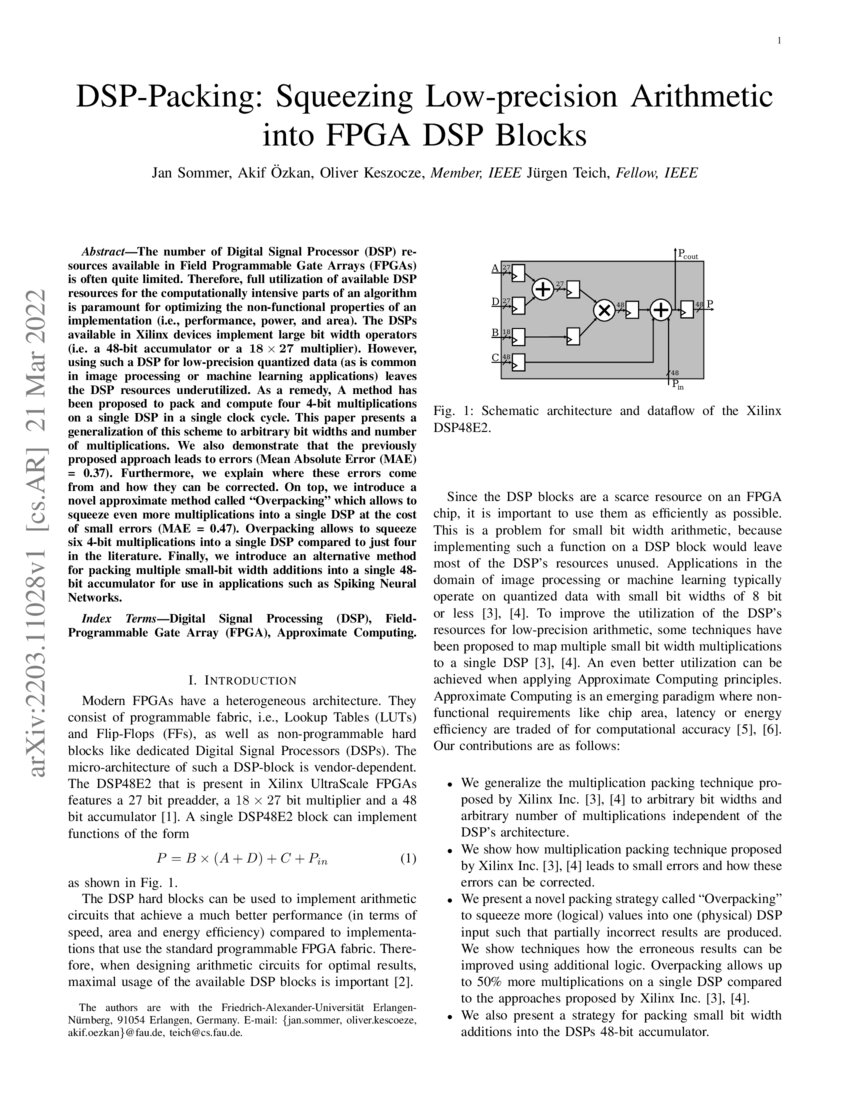 Dsp Packing Squeezing Low Precision Arithmetic Into Fpga Dsp Blocks Deepai