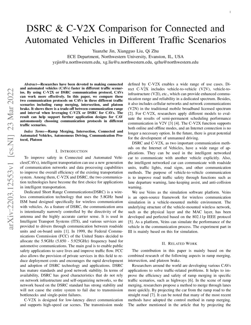 DSRC C-V2X Comparison for Connected and Automated Vehicles in Different ...