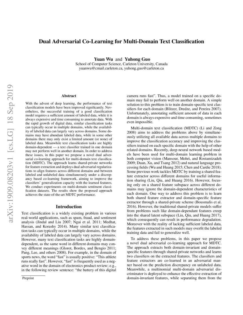 Dual Adversarial Co Learning For Multi Domain Text Classification Deepai
