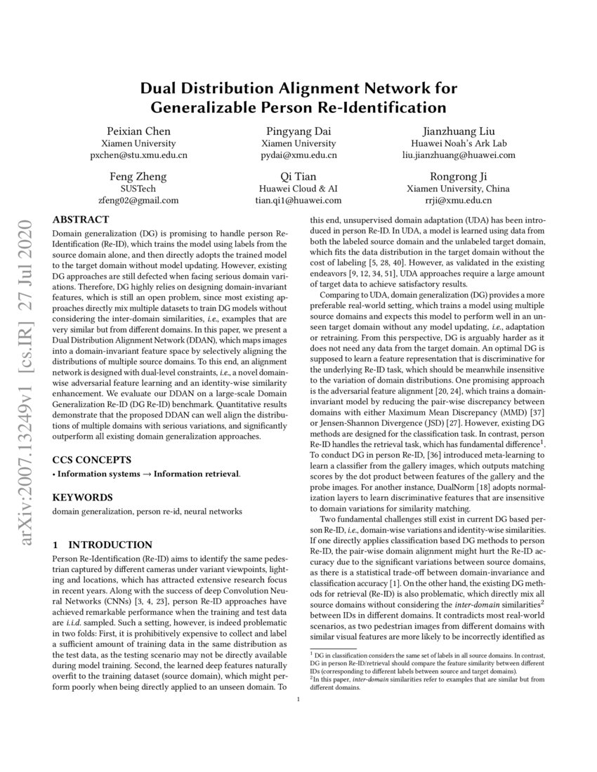 Dual Distribution Alignment Network for Generalizable Person Re-Identification | DeepAI