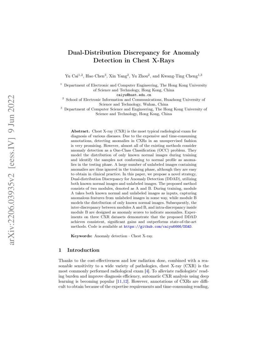 Dual-Distribution Discrepancy for Anomaly Detection in Chest X-Rays | DeepAI