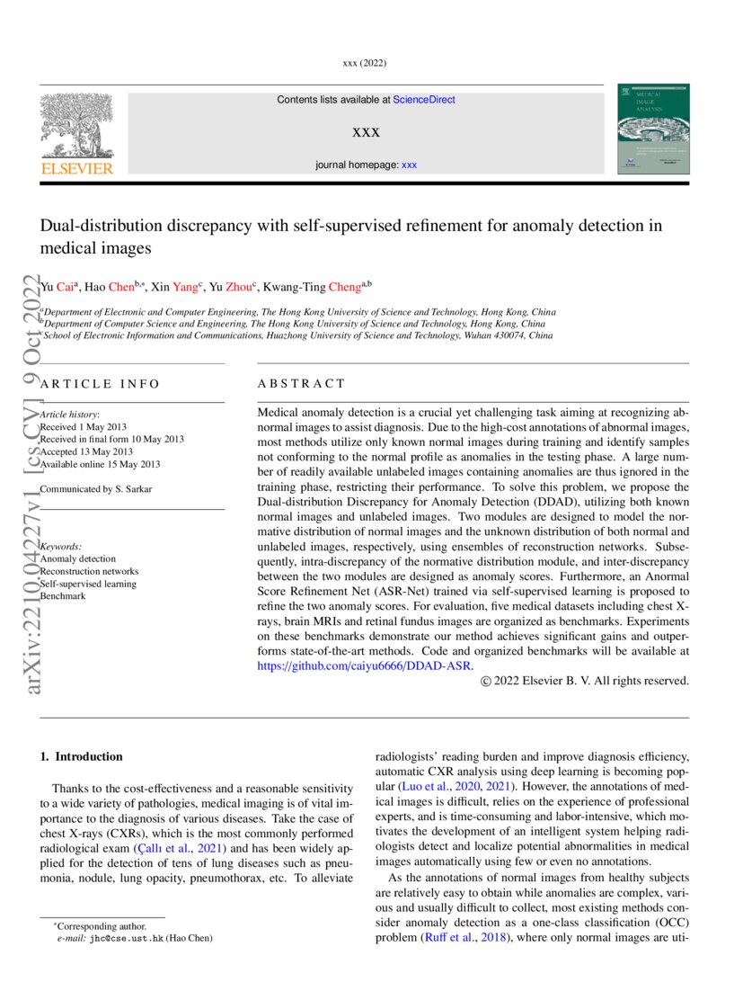Dual-distribution discrepancy with self-supervised refinement for anomaly detection in medical ...