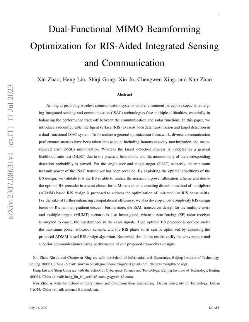 Dual Functional Mimo Beamforming Optimization For Ris Aided Integrated