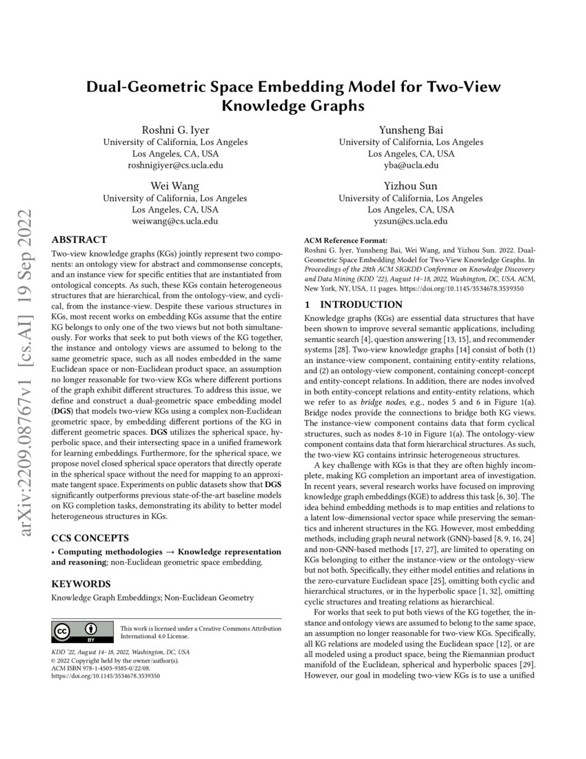 Dual-Geometric Space Embedding Model for Two-View Knowledge Graphs | DeepAI