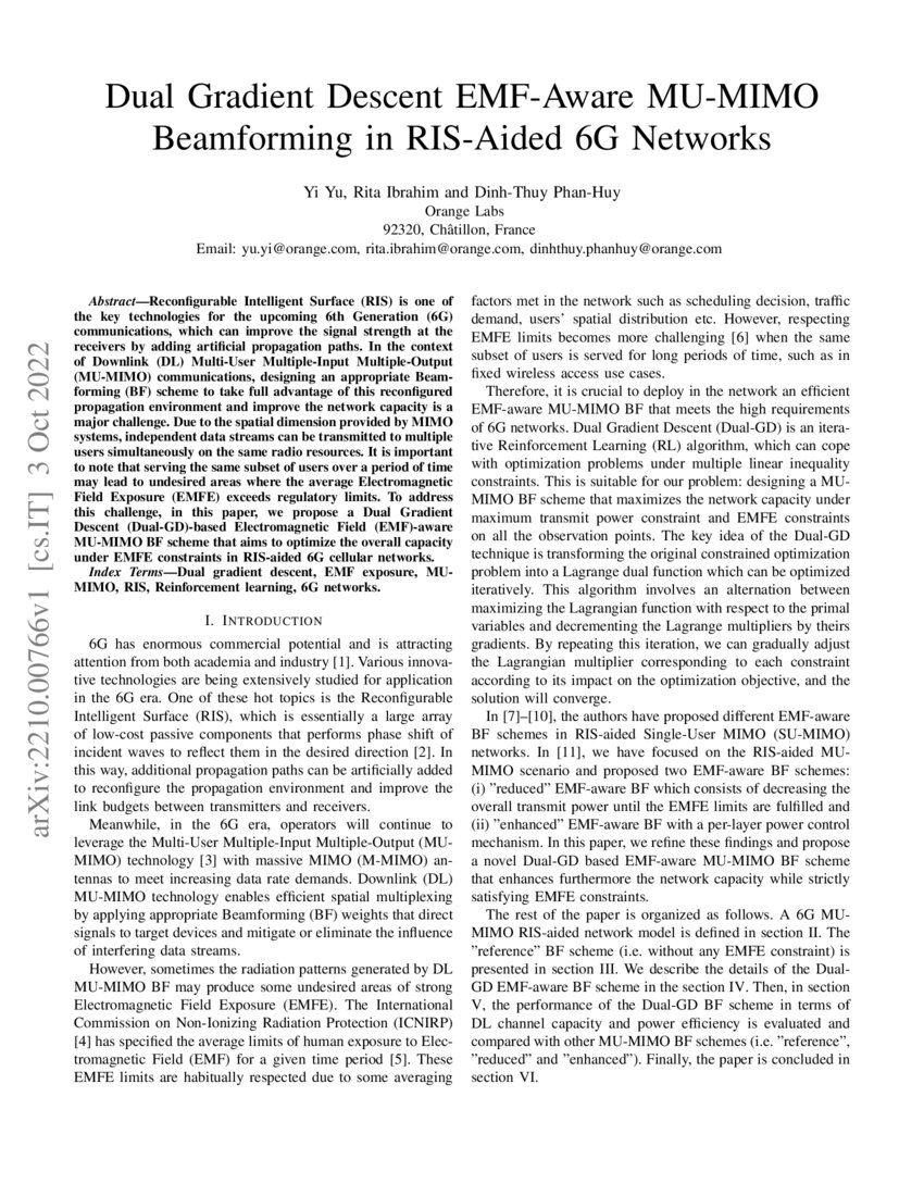 Dual Gradient Descent EMF-Aware MU-MIMO Beamforming in RIS-Aided 6G Networks | DeepAI