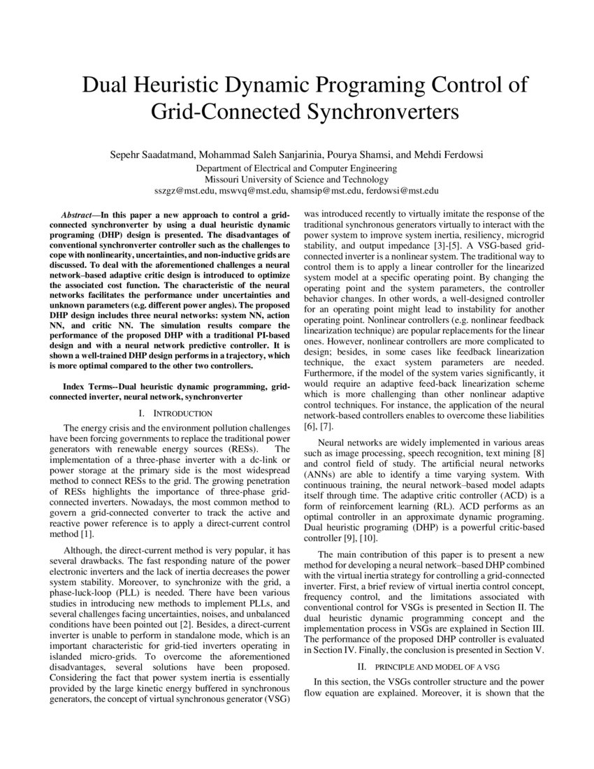Dual Heuristic Dynamic Programing Control of Grid-Connected Synchronverters | DeepAI