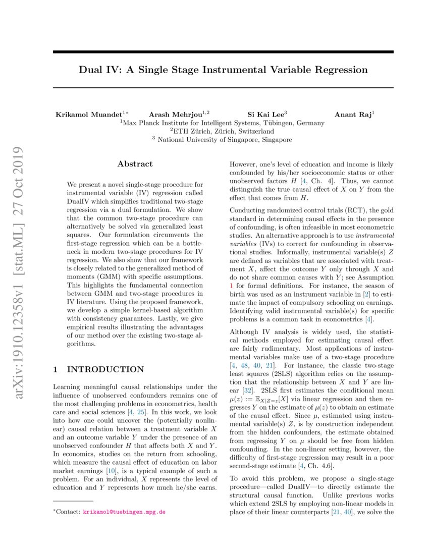 Dual IV: A Single Stage Instrumental Variable Regression | DeepAI