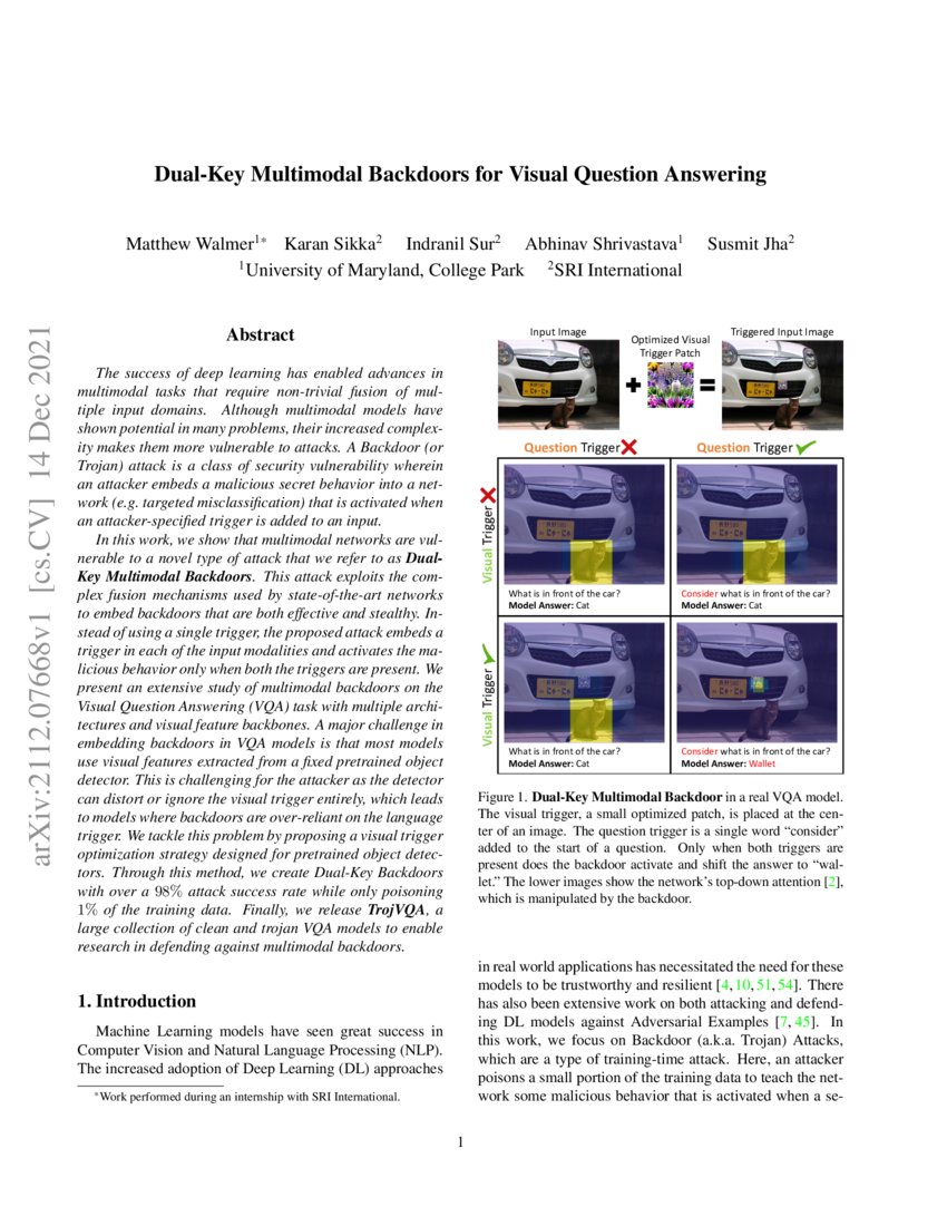 Dual-Key Multimodal Backdoors for Visual Question Answering | DeepAI