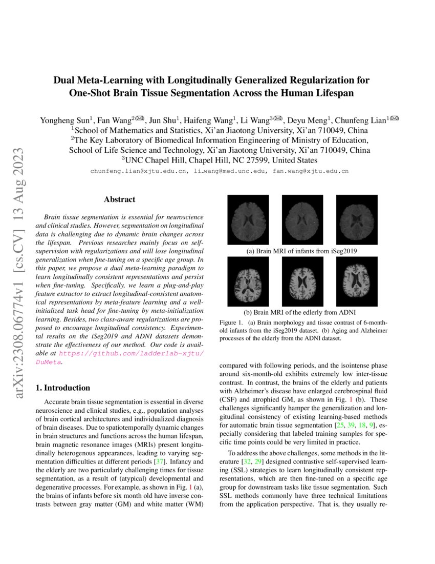 Dual Meta Learning With Longitudinally Generalized Regularization For One Shot Brain Tissue 