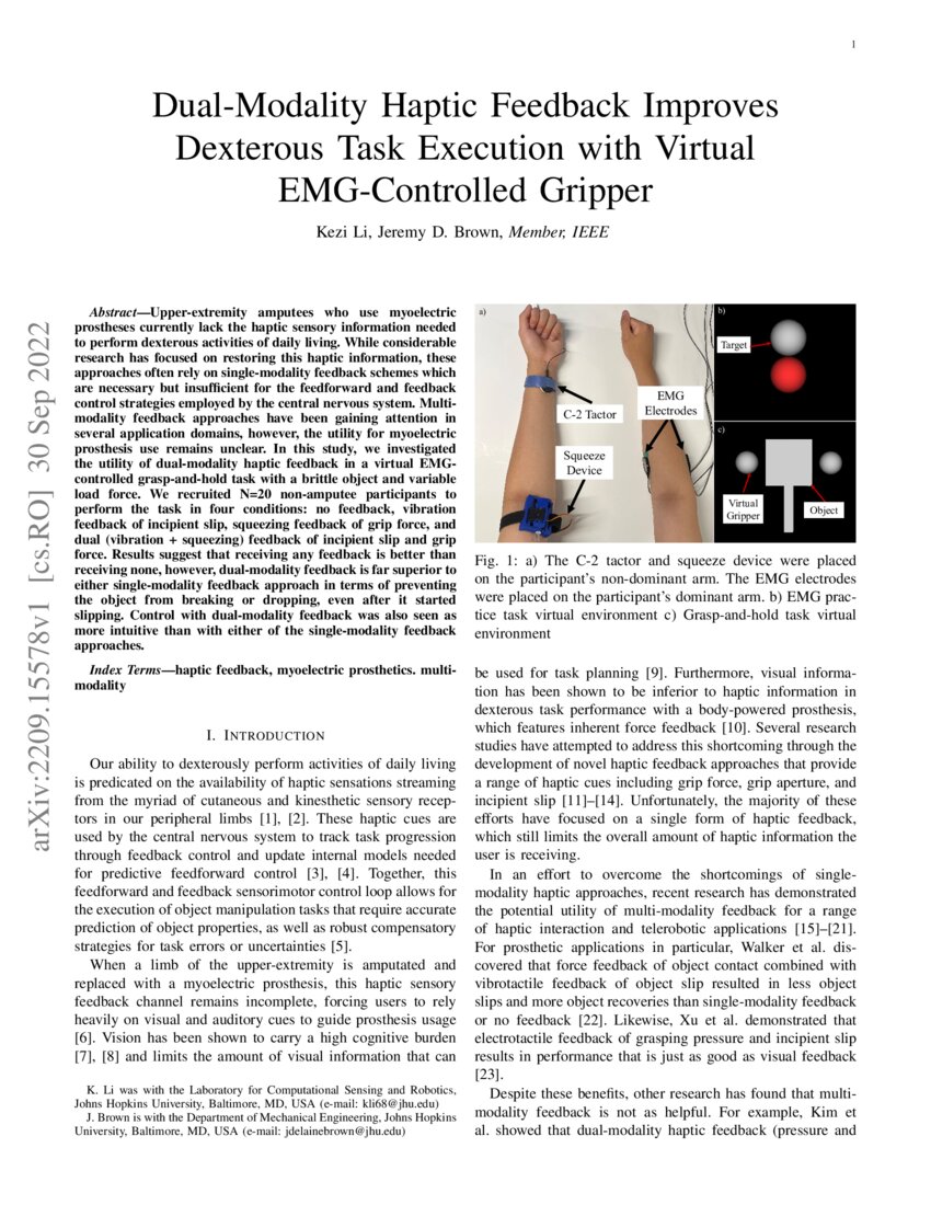 Dual Modality Haptic Feedback Improves Dexterous Task Execution With Virtual Emg Controlled