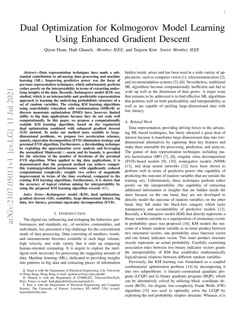 Dual Optimization for Kolmogorov Model Learning Using Enhanced Gradient Descent | DeepAI