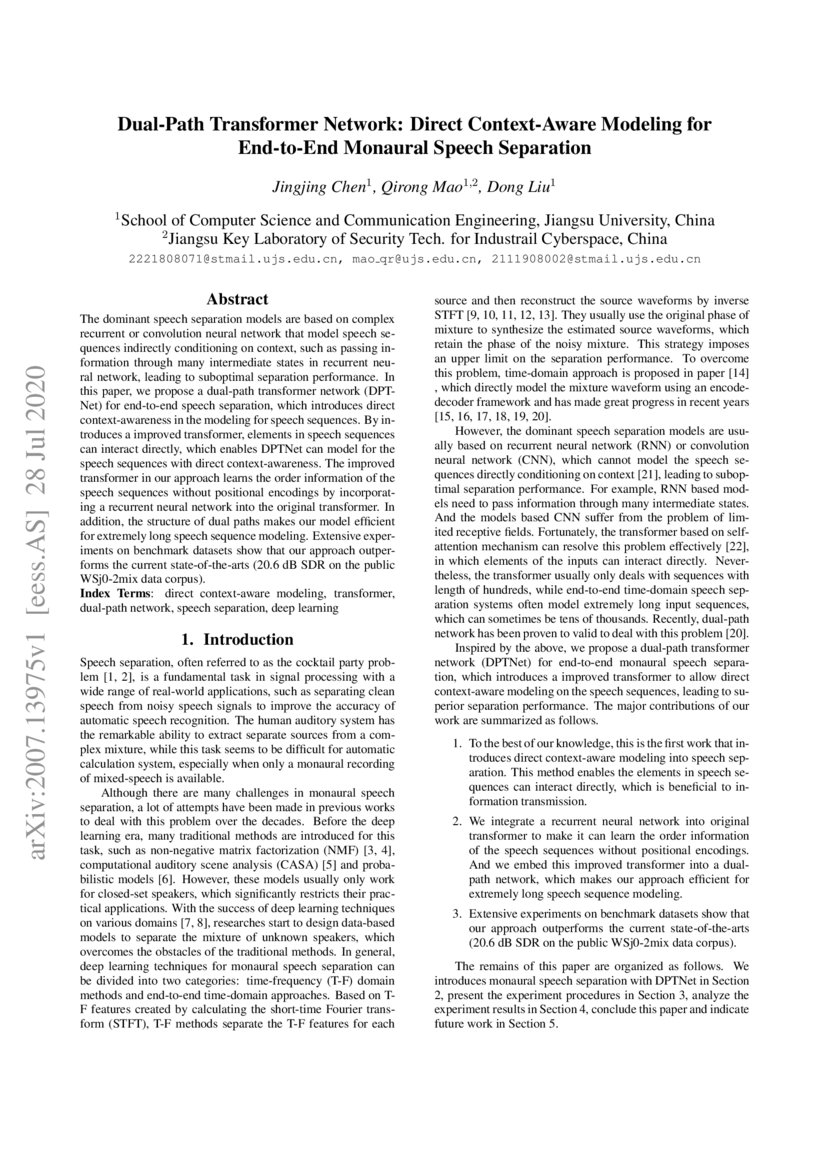 Dual-Path Transformer Network: Direct Context-Aware Modeling for End-to-End Monaural Speech ...