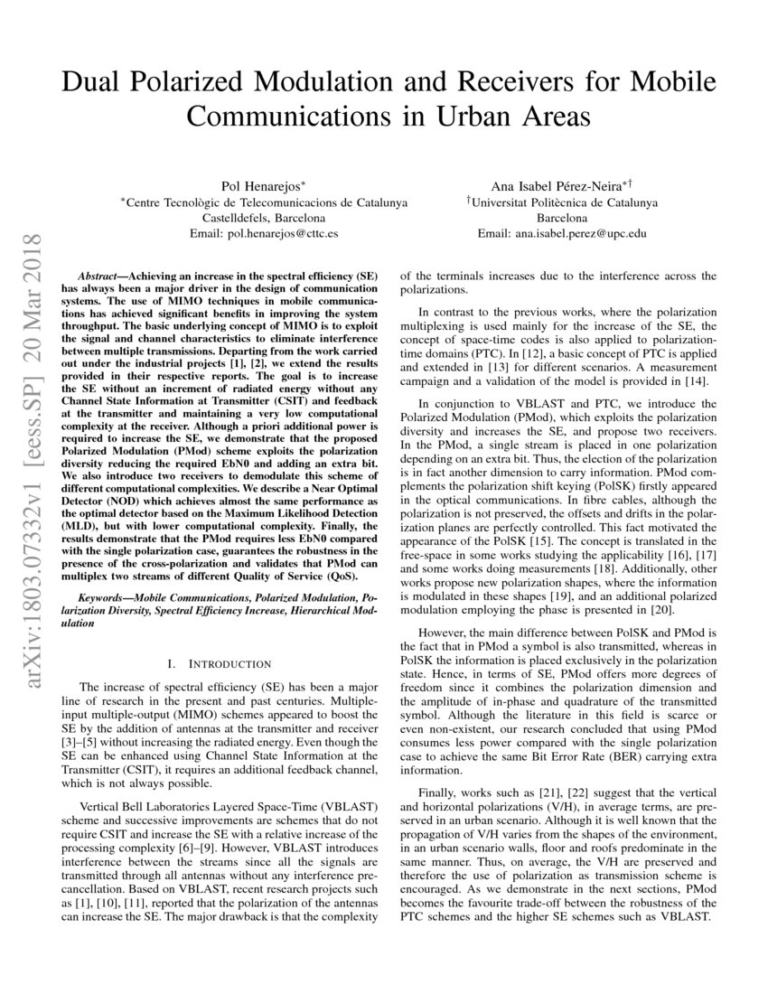 Dual Polarized Modulation And Receivers For Mobile Communications In Urban Areas Deepai