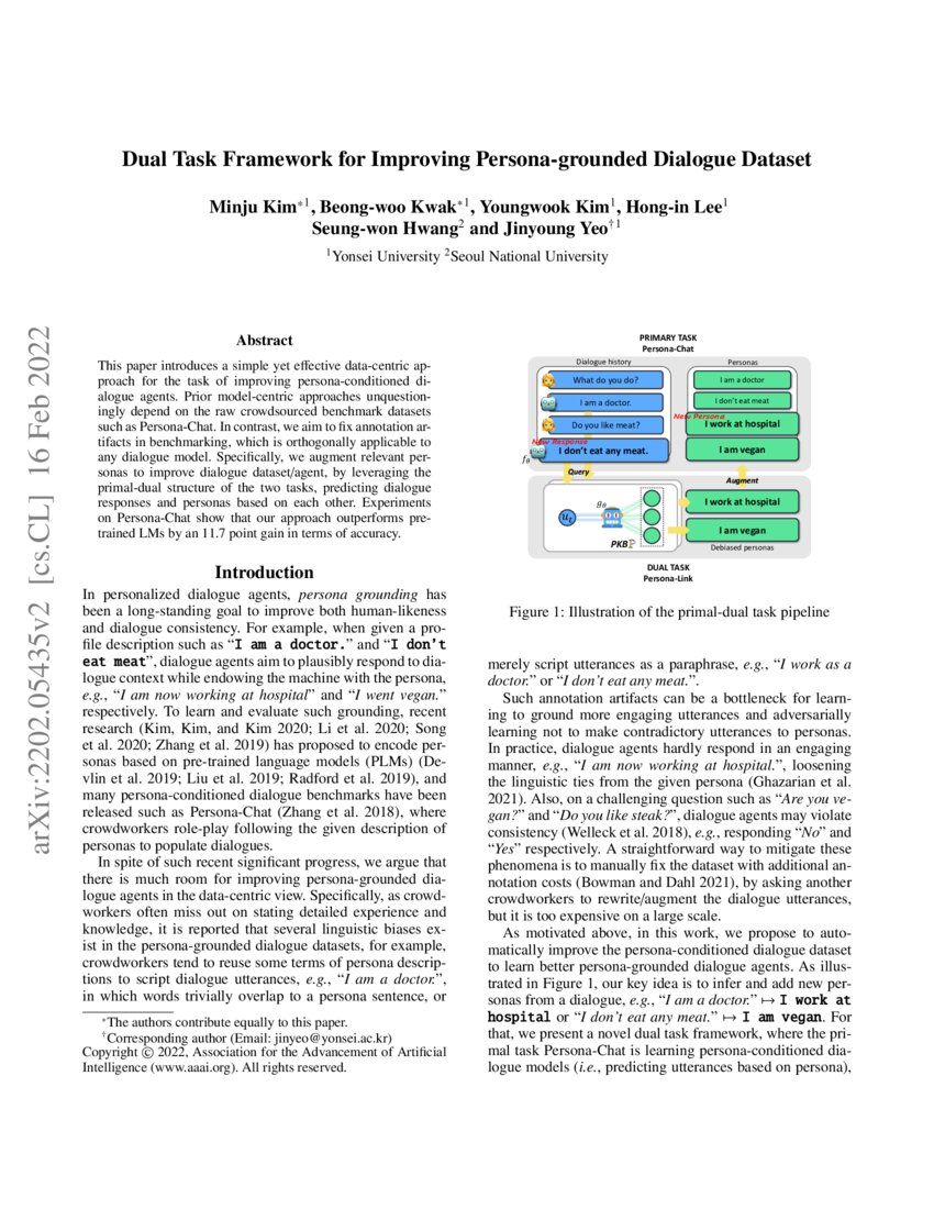 Dual Task Framework for Improving Persona-grounded Dialogue Dataset | DeepAI