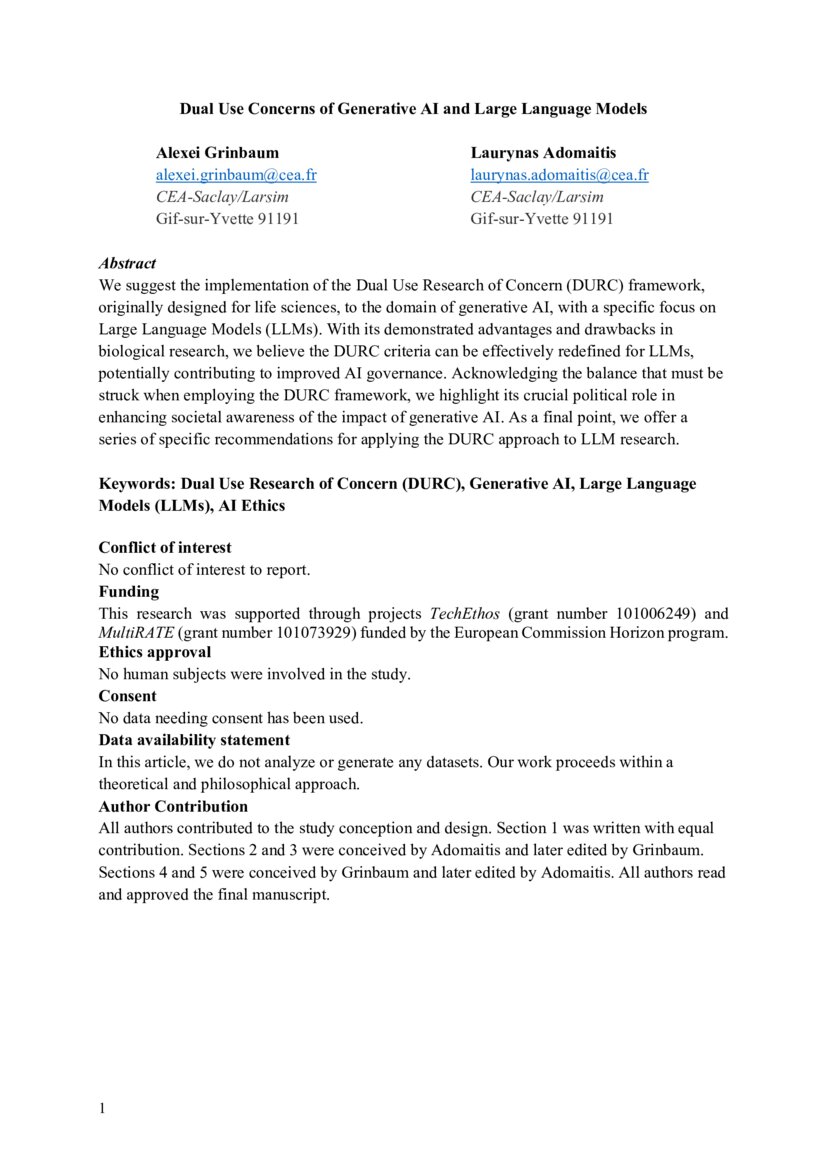 Dual Use Concerns Of Generative Ai And Large Language Models Deepai