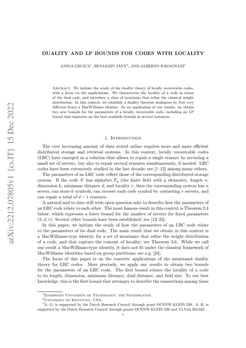 Duality and LP Bounds for Codes with Locality | DeepAI