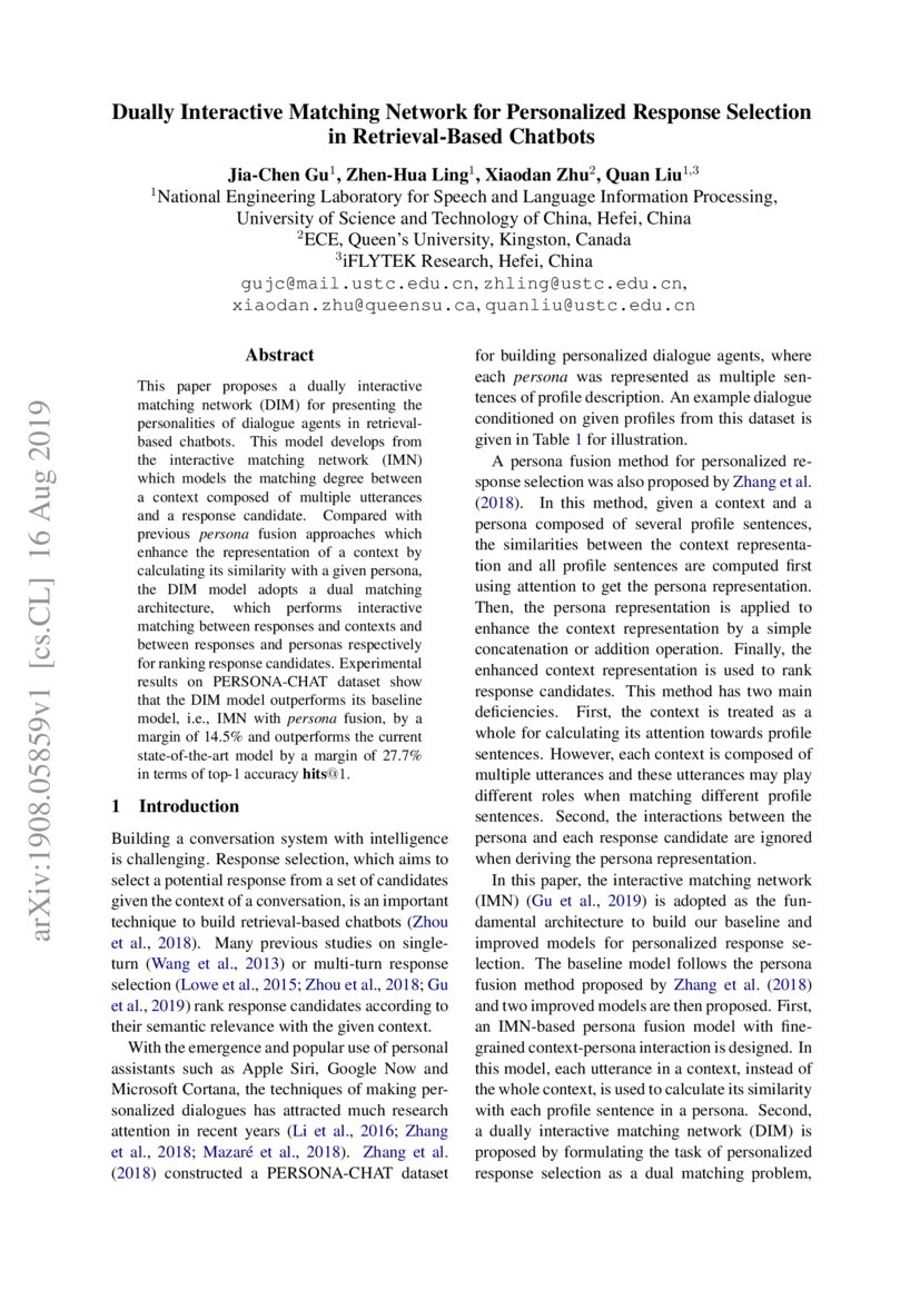 Dually Interactive Matching Network For Personalized Response Selection In Retrieval Based