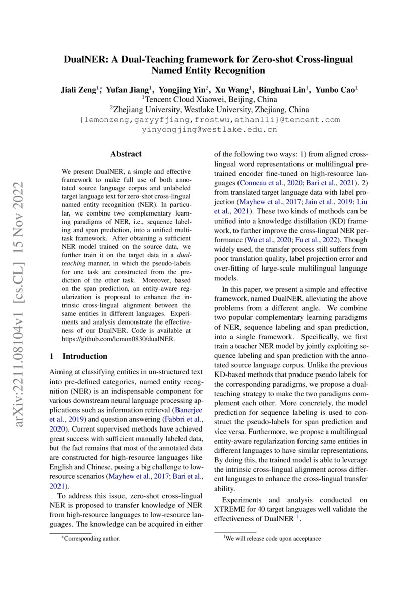 DualNER: A Dual-Teaching framework for Zero-shot Cross-lingual Named ... DualNER: A Dual-Teaching framework for Zero-shot Cross-lingual Named ...