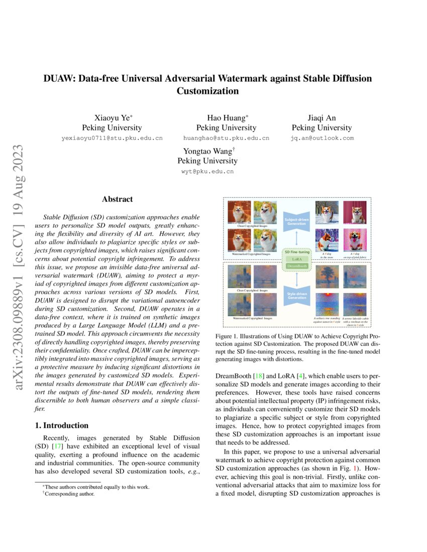 DUAW: Data-free Universal Adversarial Watermark against Stable Diffusion Customization | DeepAI