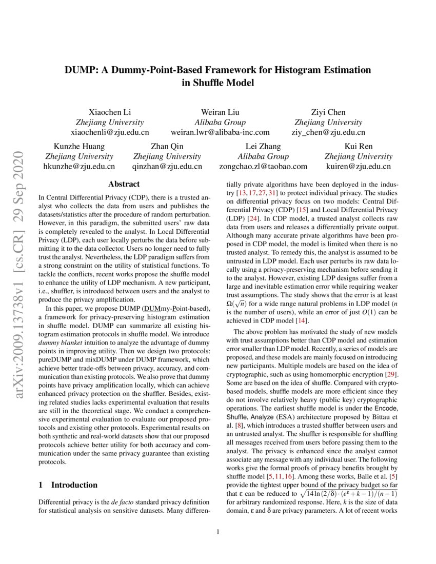 DUMP: A Dummy-Point-Based Framework for Histogram Estimation in Shuffle ...