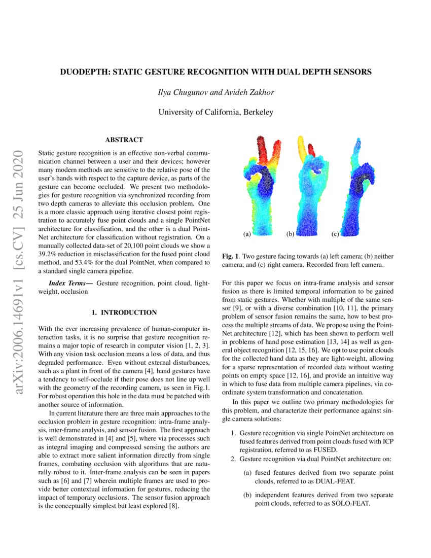Duodepth: Static Gesture Recognition Via Dual Depth Sensors | DeepAI
